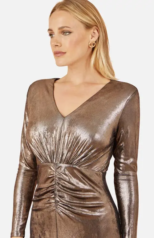 YUMI Long Sleeve V-neck Ruched Metallic Maxi Dress
