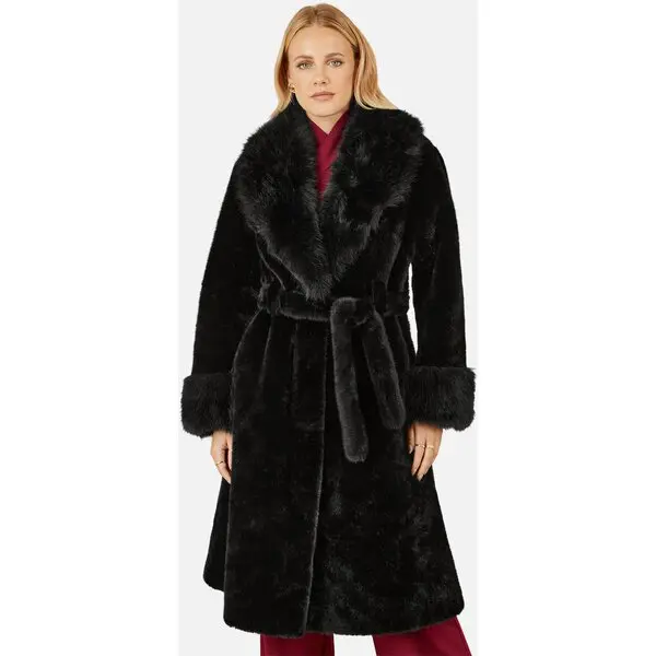 YUMI Oversize Collar Wrap Faux Fur Coat - Black