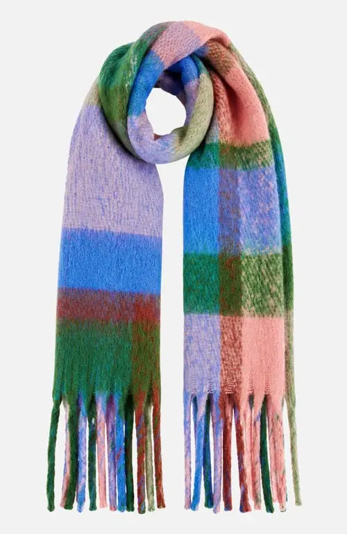YUMI Oversize Fringe Checked Scarf - Blue