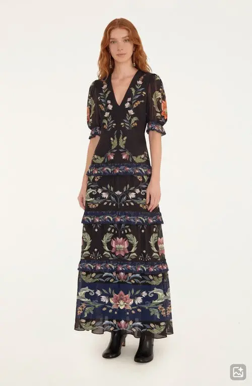 Farm Rio Natalia Floral Tiered Maxi Dress - Off-white