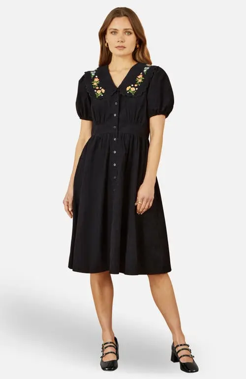 YUMI Embroidered Collar Cord Tea Dress - Black