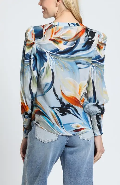 APNY Split Neck Top With Smocked Cuffs - Sky/amber