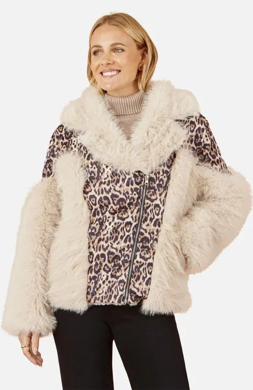 YUMI Faux Fur Biker Leopard Print Jacket - Brown