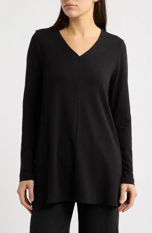 Eileen Fisher Long Sleeve V-neck Tunic Top - Black