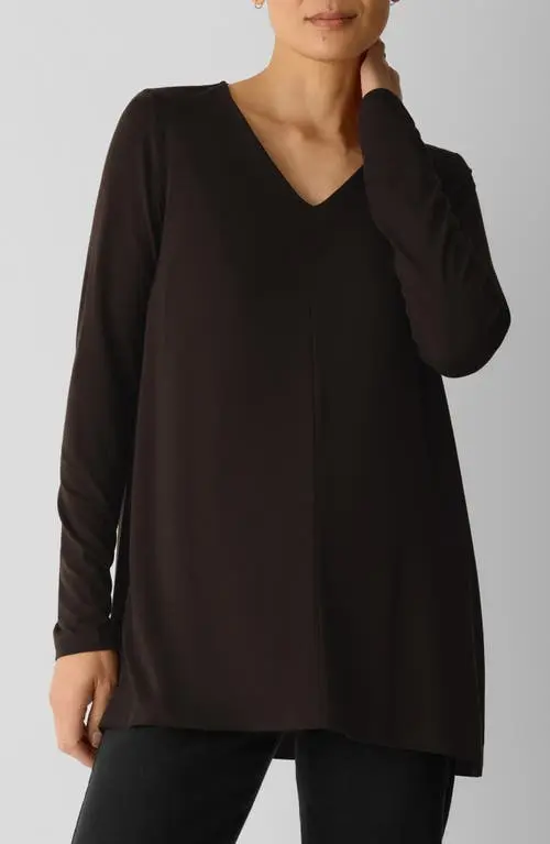 Eileen Fisher Long Sleeve V-neck Tunic Top - Coffee