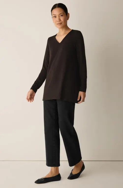 Eileen Fisher Long Sleeve V-neck Tunic Top - Coffee