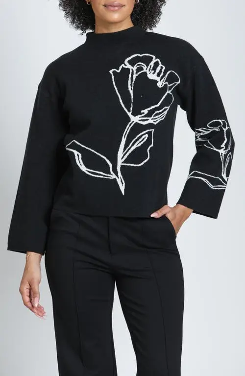 APNY Contrast Floral Pullover Sweater - Jet/ivory