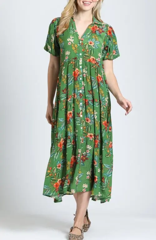 APNY Tiered Puff Sleeve Shirtdress - Forest/coral Multi