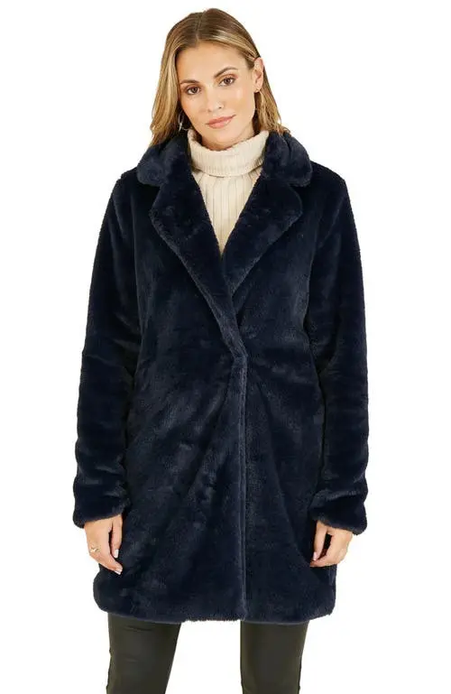 YUMI Faux Fur Coat With Collar And Invisible Fastening - Navy