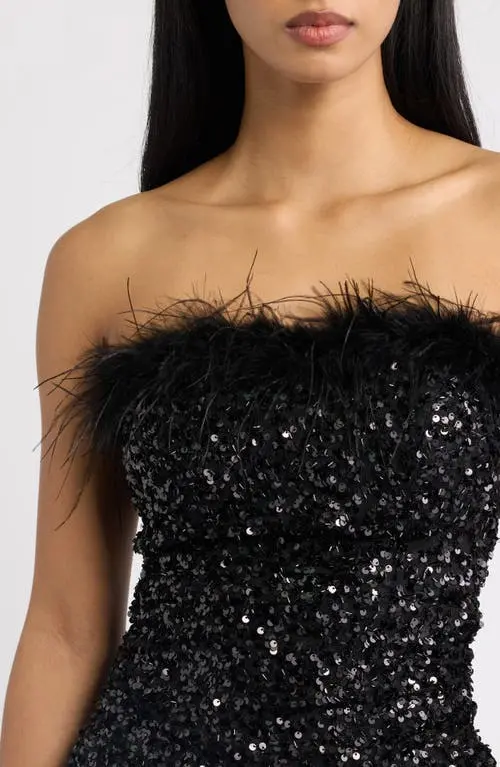 EMERALD SUNDAE Sequined Feather Trim Strapless Minidress