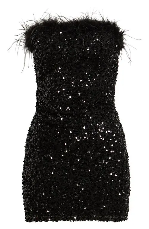 EMERALD SUNDAE Sequined Feather Trim Strapless Minidress