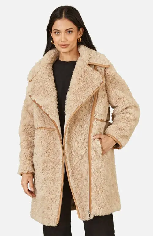 YUMI Textured Borg Long Line Biker Coat