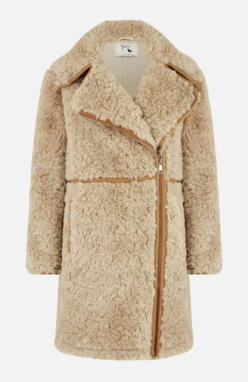 YUMI Textured Borg Long Line Biker Coat