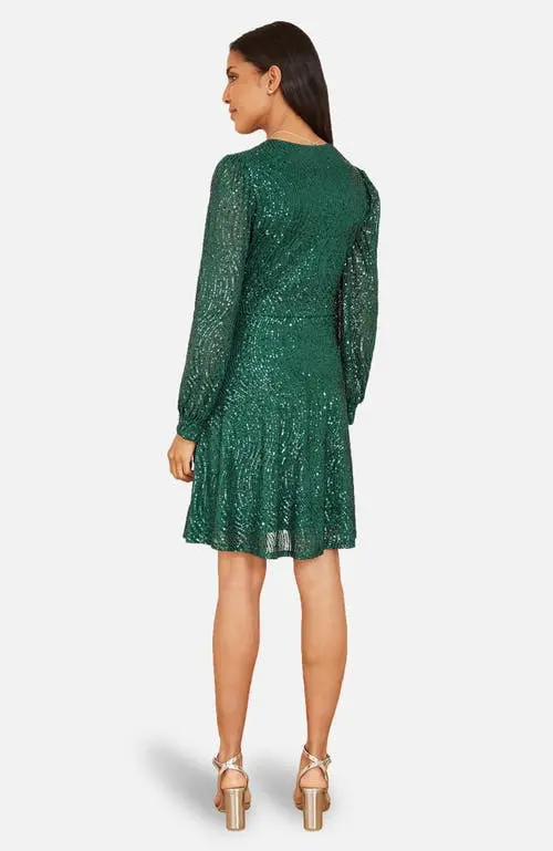 YUMI Sequin Long Sleeve Frill Wrap Dress