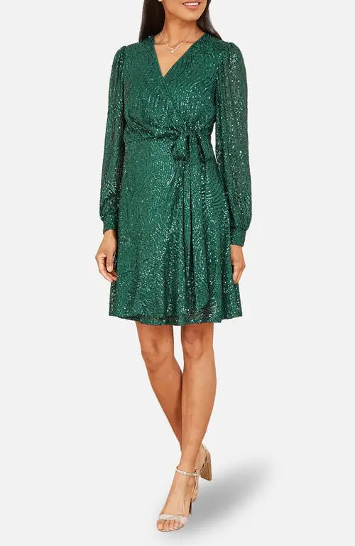 YUMI Sequin Long Sleeve Frill Wrap Dress