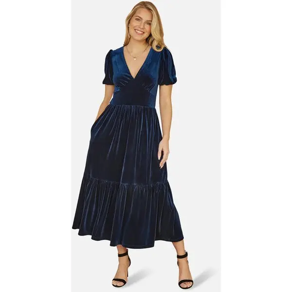 YUMI Velvet V-neck Midi Dress