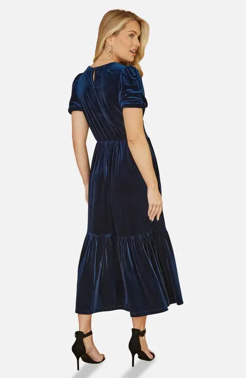 YUMI Velvet V-neck Midi Dress