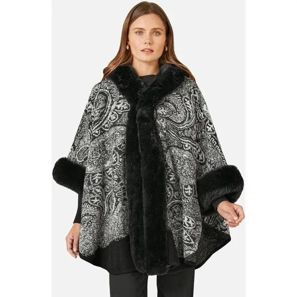 YUMI Paisley Print Faux Fur Trim Cape