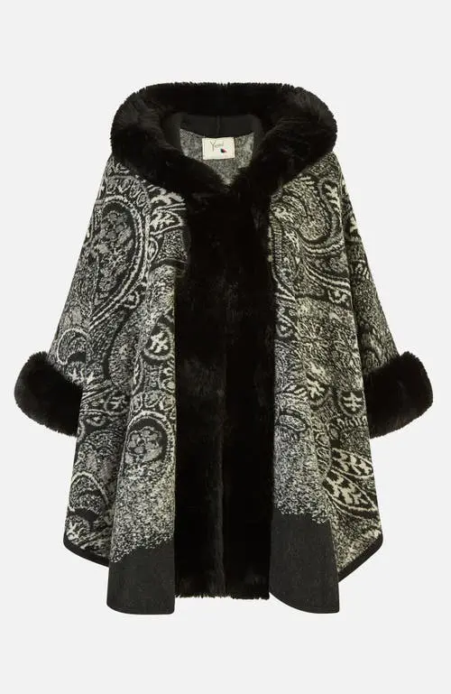 YUMI Paisley Print Faux Fur Trim Cape