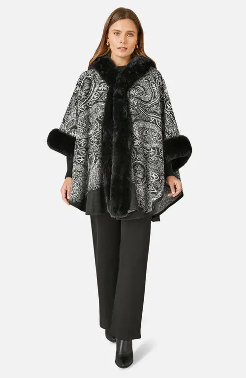 YUMI Paisley Print Faux Fur Trim Cape