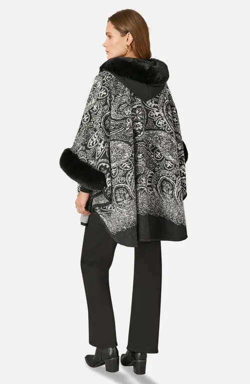 YUMI Paisley Print Faux Fur Trim Cape