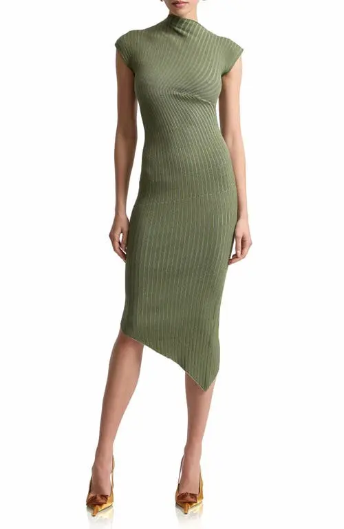 Avec Les Filles Radial Rib Asymmetric Hem Midi Dress