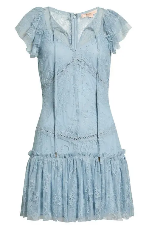 KITTENISH Flutter Sleeve Drop Waist Lace Minidress - Blue Fog