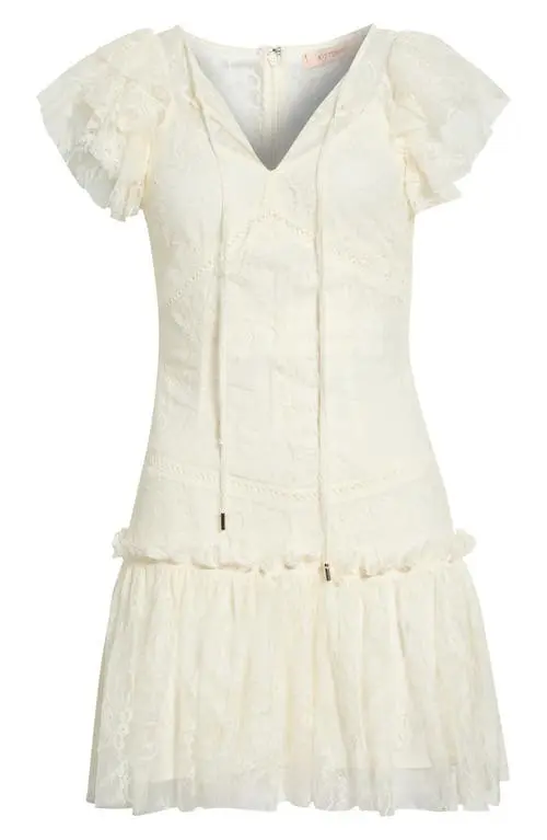 KITTENISH Flutter Sleeve Drop Waist Lace Minidress - Egret