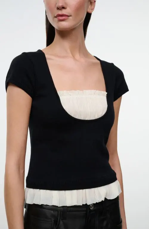 Staud Marin Chiffon Trim Short Sleeve Sweater