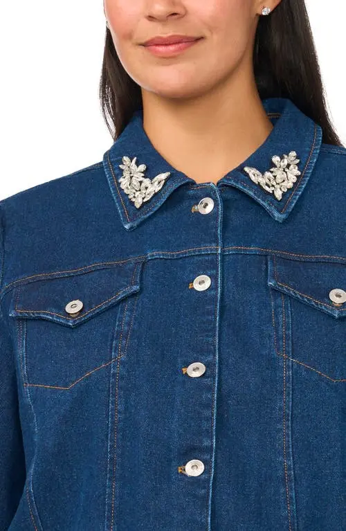 CECE DUPRAZ Crystal Collar Puff Sleeve Denim Jacket