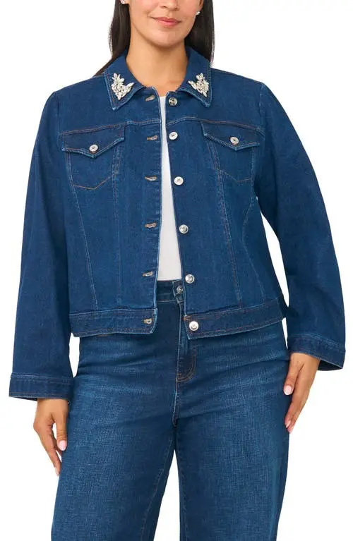 CECE DUPRAZ Crystal Collar Puff Sleeve Denim Jacket