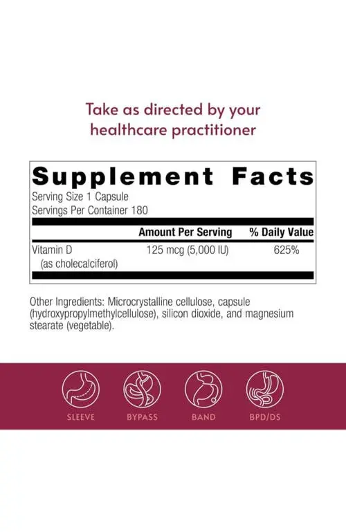 BARIATRIC ADVANTAGE Vitamin D3 5000 Iu High Potency Bone Support Capsules 180 Count