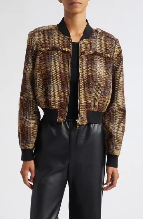 TOCCIN Pierce Fringe Detail Tweed Bomber Jacket - Fig Multi