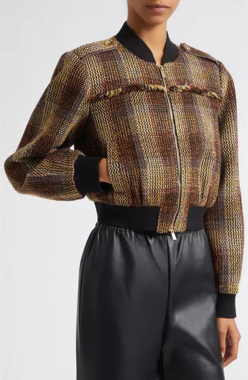 TOCCIN Pierce Fringe Detail Tweed Bomber Jacket