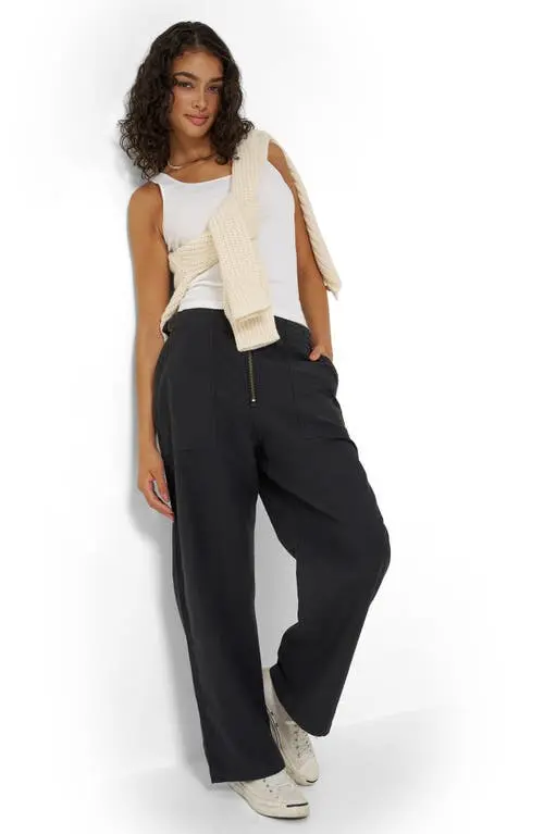 LEEM Loose Utility Pants With Front Zip And Patch Pockets - Washed Black