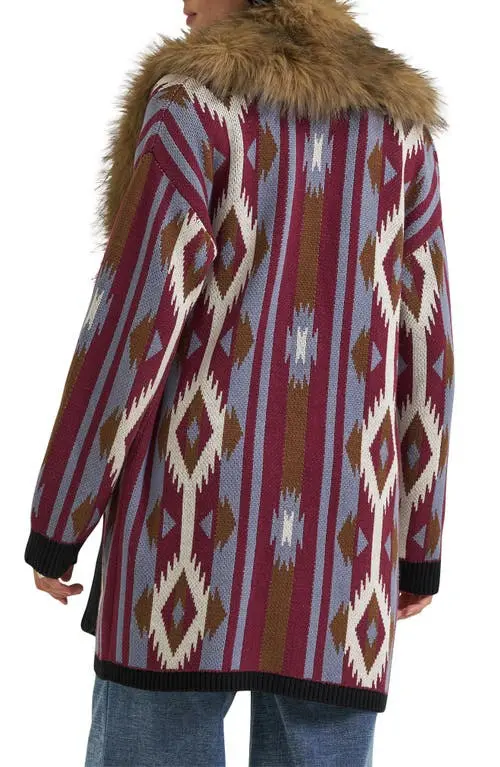 Wrangler Faux Fur Collar Cardigan With Geometric Print