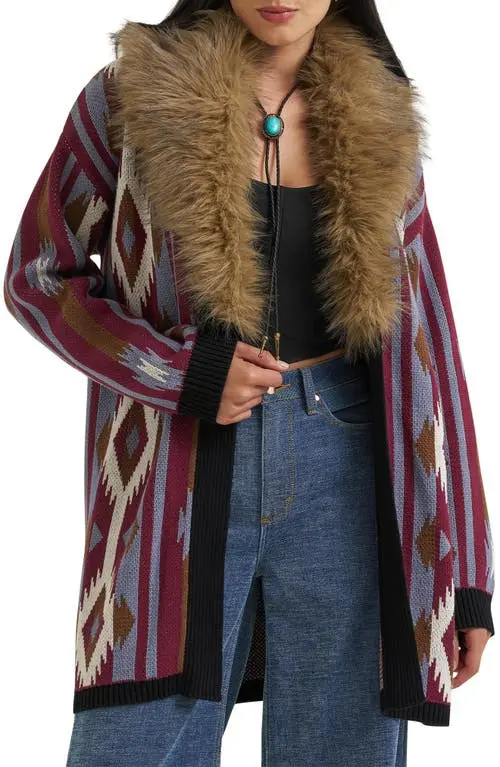 Wrangler Faux Fur Collar Cardigan With Geometric Print