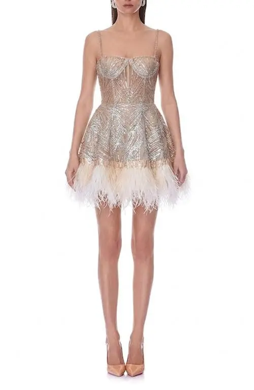 BRONX BANCO Mademoiselle Bead & Feather Cocktail Minidress - White