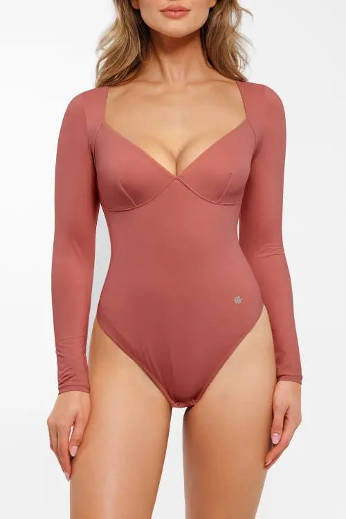 POPILUSH Shapewear Long Sleeve Tummy Control V Neck Bodysuit - Blush
