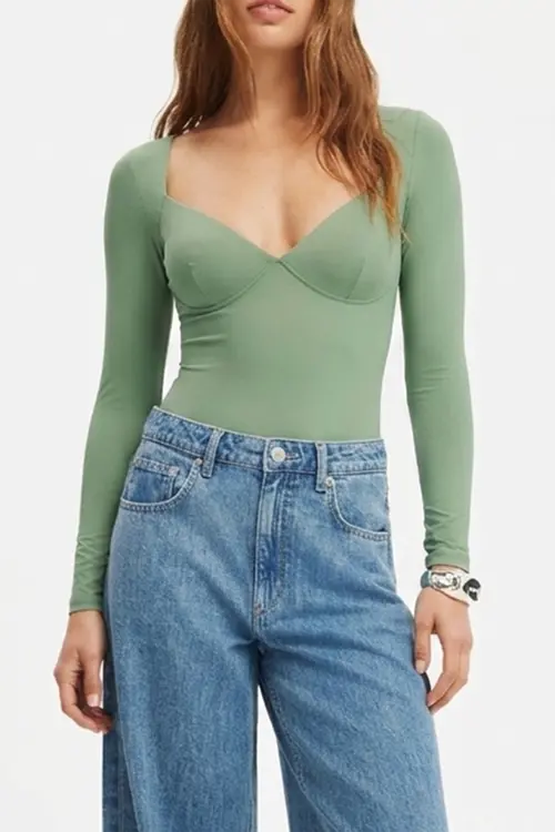POPILUSH Shapewear Long Sleeve Tummy Control V Neck Bodysuit - Forest