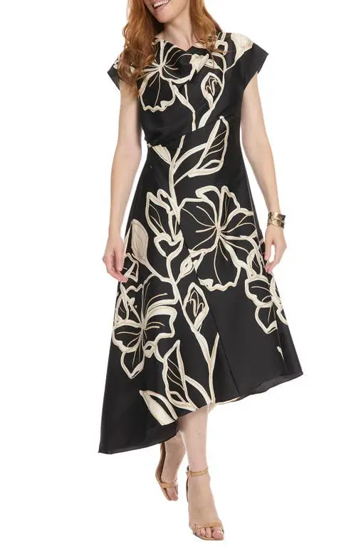 Maggy London Print Asymmetric Satin Midi Dress - Black/cream