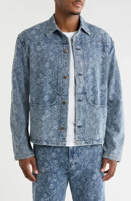 HONOR THE GIFT Floral Embroidery Denim Jacket - Light Indigo