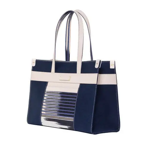 K'AI & VROSI Leather & Canvas Tote Bag With Pockets - Navy