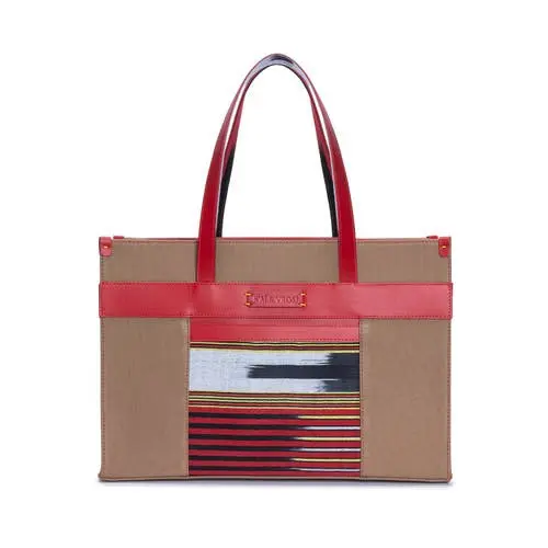 K'AI & VROSI Leather & Canvas Tote Bag With Pockets - Red