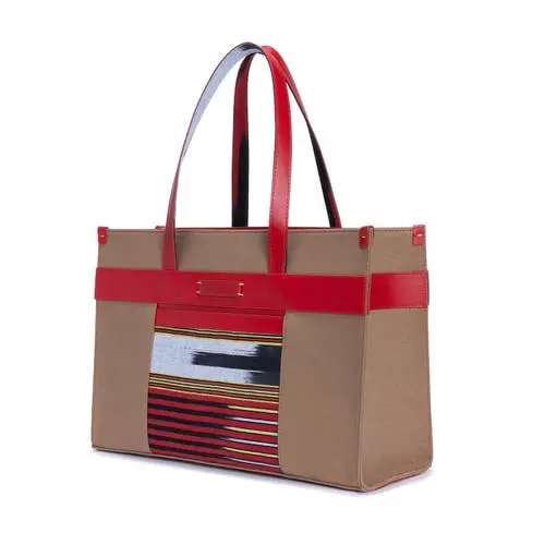 K'AI & VROSI Leather & Canvas Tote Bag With Pockets - Red