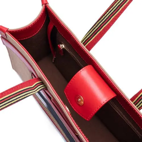 K'AI & VROSI Leather & Canvas Tote Bag With Pockets - Red