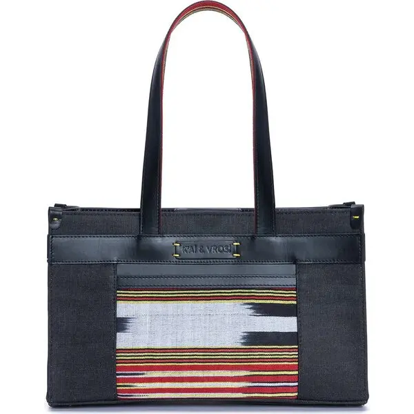 K'AI & VROSI Midi Leather & Canvas Tote Bag With Pockets - Black