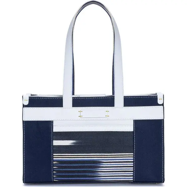 K'AI & VROSI Midi Leather & Canvas Tote Bag With Pockets - Navy