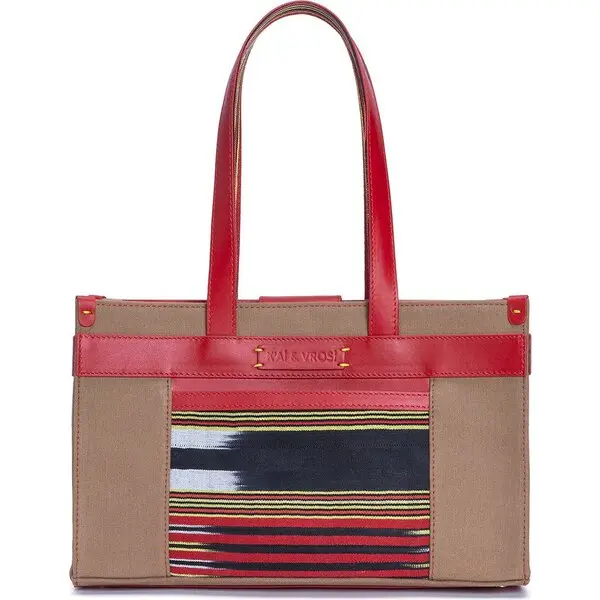 K'AI & VROSI Midi Leather & Canvas Tote Bag With Pockets - Red
