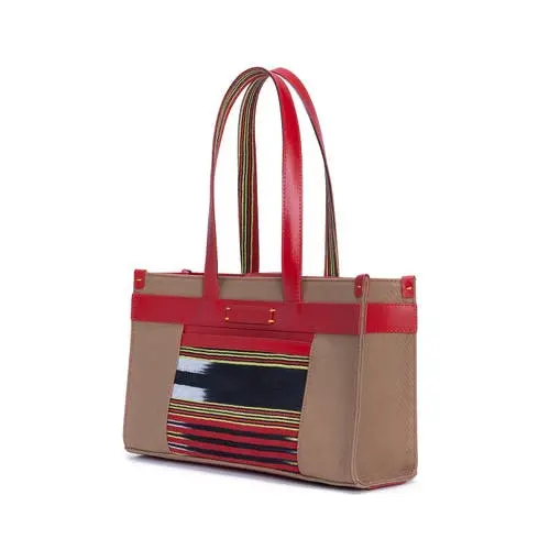 K'AI & VROSI Midi Leather & Canvas Tote Bag With Pockets - Red